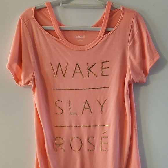 ZELOS | Tops | Wake Slay Rose Coral Top With Gold Lettering | Poshmark